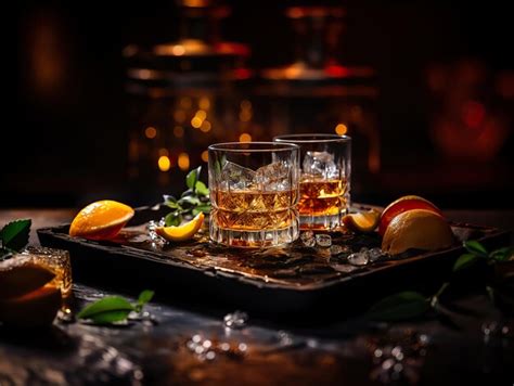 Premium Ai Image Glass Of Whiskey With Ice On A Dark Background