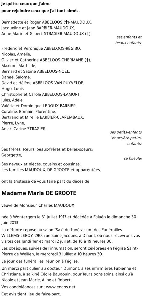 Avis De Décès De Maria De Groote Décédé Le 30 06 2013 à Falaën Annonce Condoléances Fleurs