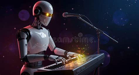 Futuristic Robot Musician Playing Keyboard Synthesizer In A Dark Stage