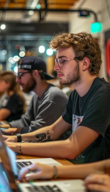 A Group Of Adults Engaging In An Evening Coding Bootcamp With Focus On