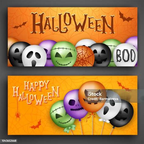 3 차원 풍선 할로윈 개념 2입니다 전통적인 색상에 무서운 공기 풍선입니다 할로윈 유령 풍선 및 거미 웹 배경 10월에 대한 스톡 벡터 아트 및 기타 이미지 Istock