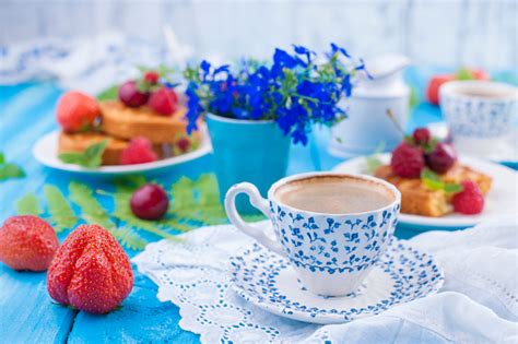 작은 컵에 케 한 익을 열매 딸기와 체리 달콤한 맛 있는 아침 식사 그리고 푸른 나무 배경과 꽃에 향기로운 커피 공간에 복사 합니다 경관에 대한 스톡 사진 및 기타 이미지