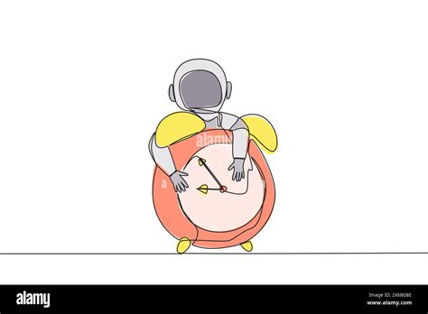 Single One Line Drawing Young Energetic Astronaut Hugging Alarm Clock