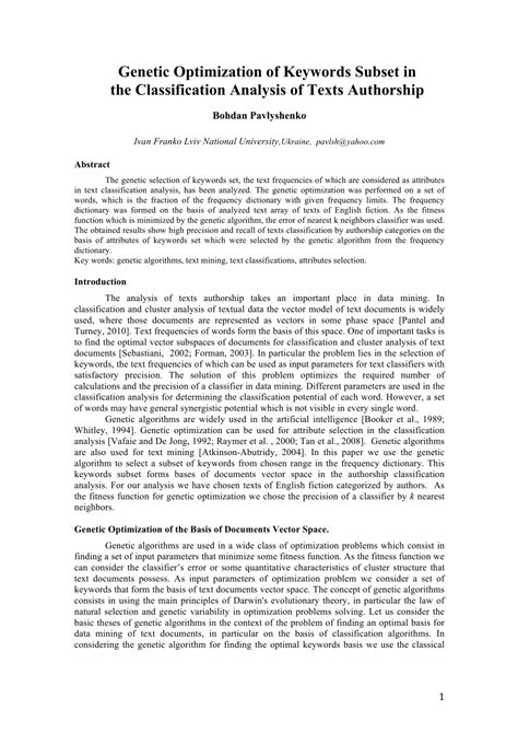 pdf genetic optimization of keywords subset in the classification