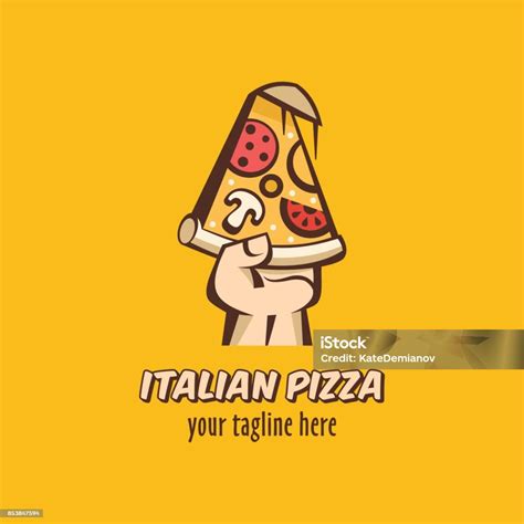기호 벡터 이탈리아 피자입니다 벡터 만화 스타일의 일러스트입니다 버섯 소시지 토마토 치즈 손에 뜨거운 피자 조각 기업 재무와 산업에 대한 스톡 벡터 아트 및 기타 이미지