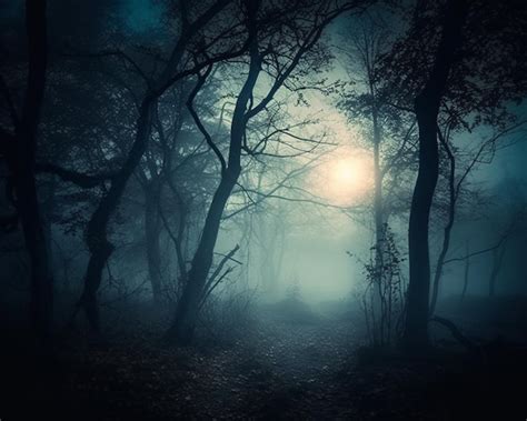 Premium AI Image A Dimly Lit Forest With A Path In The Middle Of It