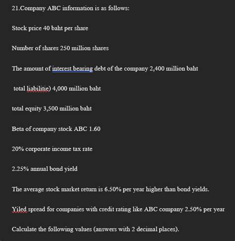 Solved 21company Abc Information Is As Follows Stock Price
