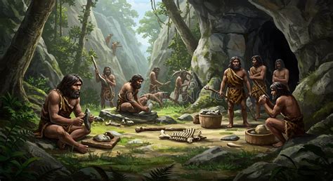 A Prehistoric Scene Depicting A Group Of Early Humans Engaged In Daily Activities Stock