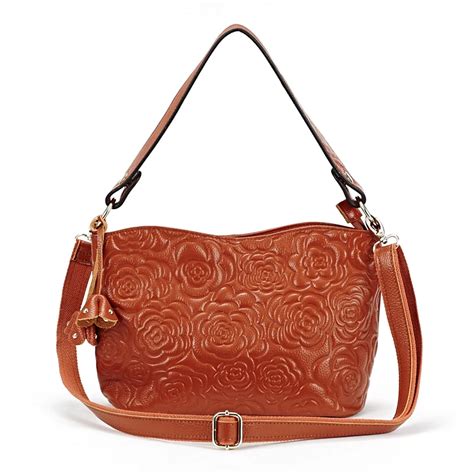 Genuine Leather Embossing Rose Flower Feminine Handbags Hot Brand Designer Large Capacity