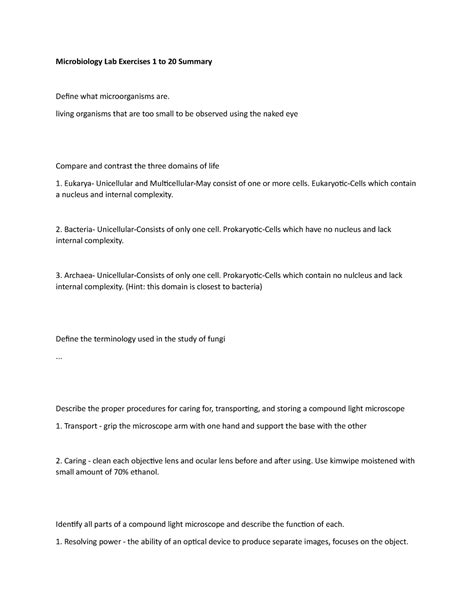 Microbiology Lab Exercises 1 To 20 Summary Microbiology Lab Exercises