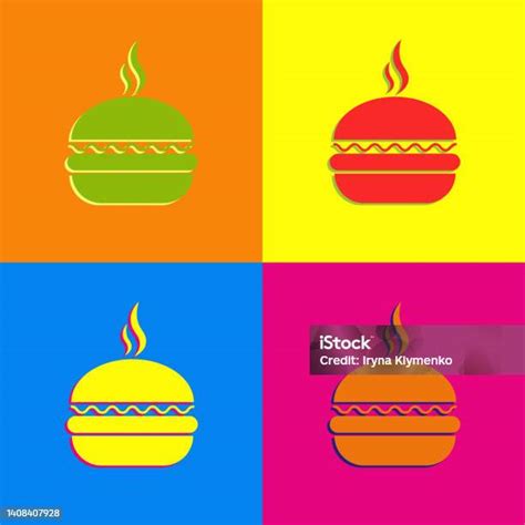ไอคอนเบอร์เกอร์ในสีป๊อปอาร์ต ไอคอนเบอร์เกอร์คอลเลกชันที่มีเงาและสัญลักษณ์กลิ่นหอม สตรี ภาพประกอบ