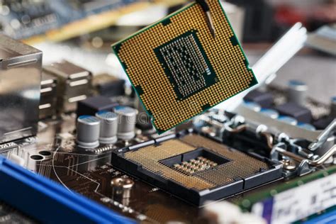 Close Up Of Cpu Chip Processor Selective Focus Stock Image Image Of