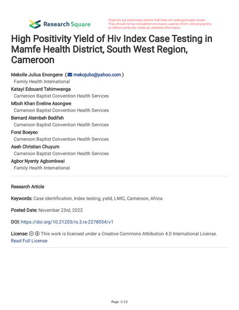 Pdf High Positivity Yield Of Hiv Index Case Testing In Mamfe Health District South West