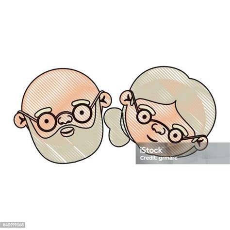 수염을 가진 노인 부부 대머리 할아버지와 할머니 안경 및 측면 롤빵 헤어스타일으로 얼굴의 색깔 크레용 실루엣 2명에 대한 스톡