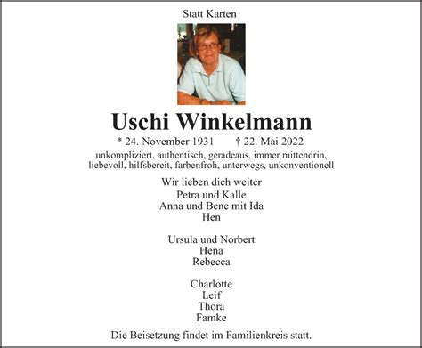Traueranzeigen Von Uschi Winkelmann Trauer In NRW De