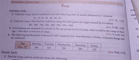Numerical Questionsrangeindividual Series1 Calculate Range And Its Co