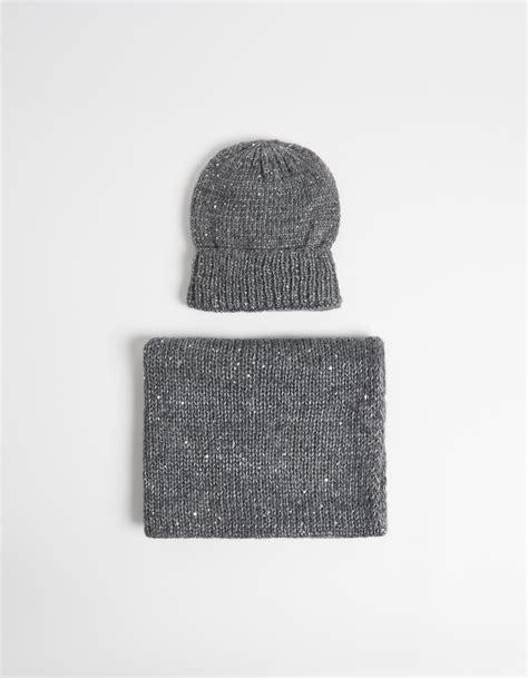 Conjunto Cachecol Gorro Lantejoulas Mulher Cinzento MO Online