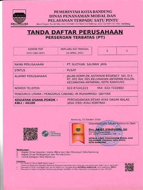 Tanda Daftar Perusahaan Perseroan Terbatas Pt Pdf