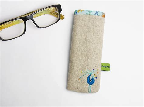 Oatmeal Linen Glasses Case With Small Peacock Logo Folksy
