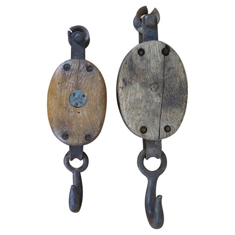 2 Antique Primitive Industrial Cast Iron And Wood Block Pulley Hooks Starline 14 For Sale At