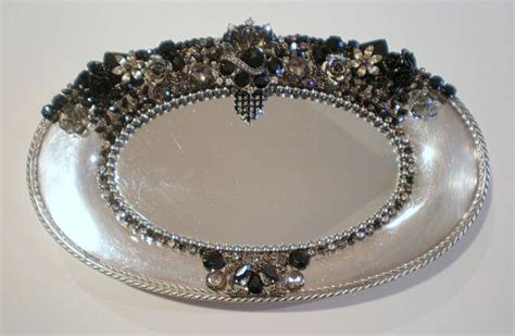 Jeweled Black And Silver Mirrored Tray