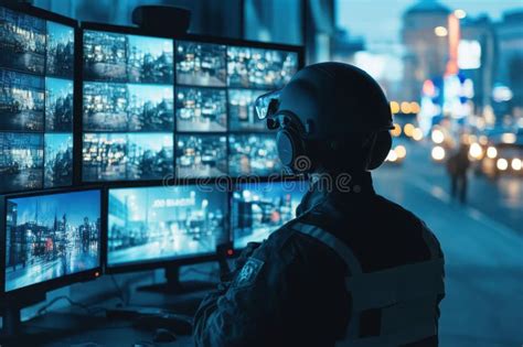 Security Officer Monitoring Multiple Screens In A Surveillance Room During Nighttime Observing