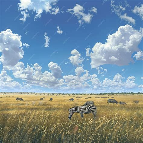 Expansive Grassland Ecosystem With Grazing Zebras And Tall Grasses
