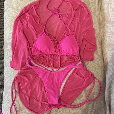Hot Pink Bikini Set With Matching Mesh Cover Up Depop