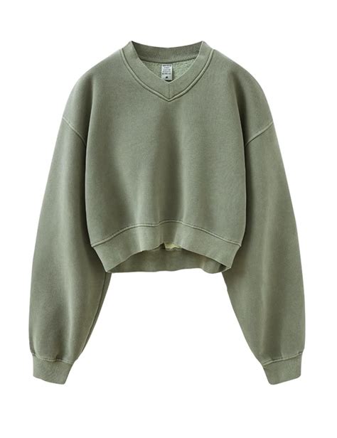 Meladyan Women Casual Cropped Sweatshirt Basic Solid Long Sleeve Fleece V Neck Loose Drop