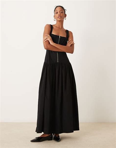 Asos Design Gesmoktes Midi Hängerkleid Aus Twill In Schwarz Mit