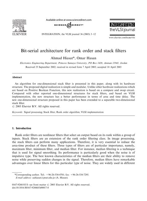 PDF Bit Serial Architecture For Rank Order And Stack Filters