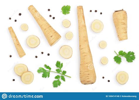 Parsnip Root And Slices With Parsley Peppercorns Isolated On White Background With Clipping Path