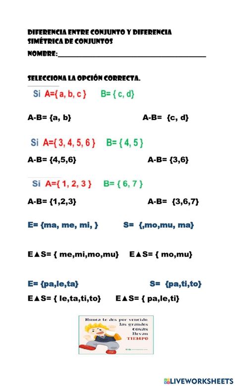 Diferencia entre conjuntos y diferencia simétrica worksheet