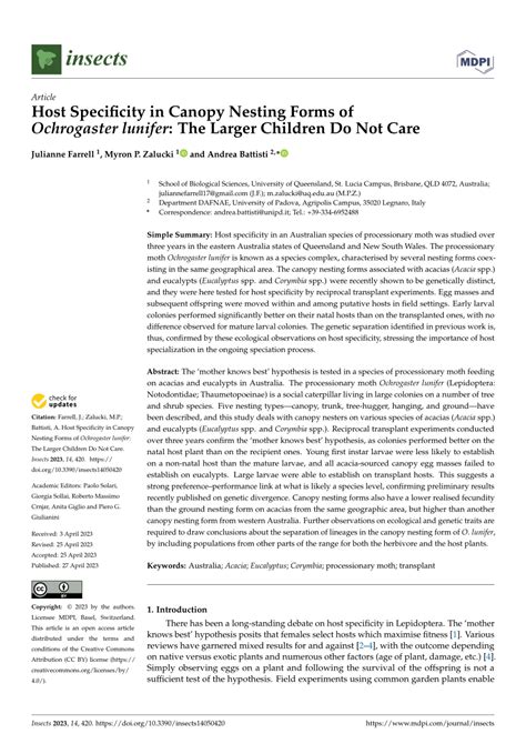 Pdf Host Specificity In Canopy Nesting Forms Of Ochrogaster Lunifer
