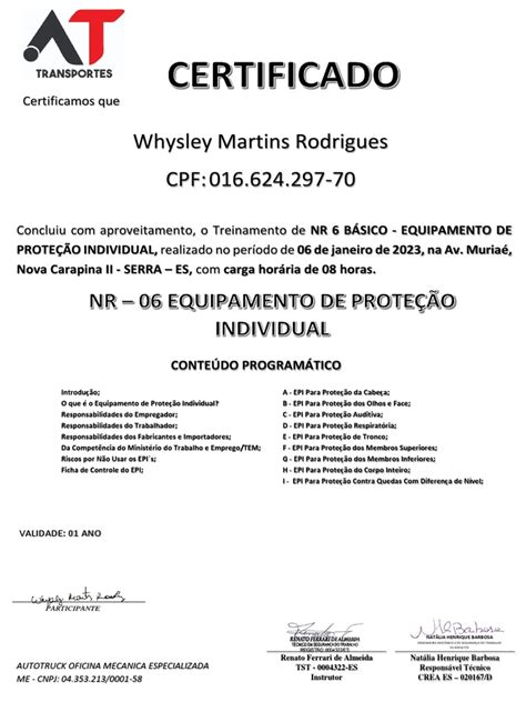 Certificado De Treinamento Nr 6 Pdf