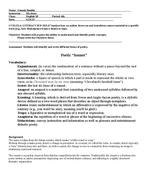 Genesis Bonilla Eng 10 Woelc Poetry Sonnet Name Genesis Bonilla