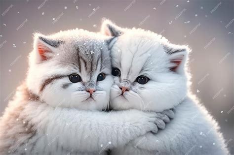 Premium Photo Two Cute White Meows Hug Together Snow Background