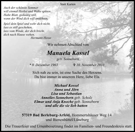 Traueranzeigen Von Manuela Kossel Trauer In Nrw De