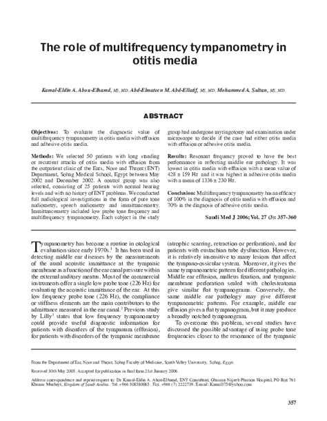 Pdf The Role Of Multifrequency Tympanometry In Otitis Media