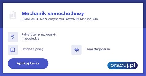 Oferta pracy Mechanik samochodowy BIMAR AUTO Niezależny serwis BMW