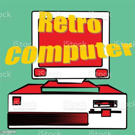 오래 된 빈티지 복고 Hipster 골동품 데스크톱 컴퓨터와 복고풍 컴퓨터 비문에서 70 80 년대 90 년대 게임 벡터 일러스트 레이 션 0명에 대한 스톡 벡터 아트 및