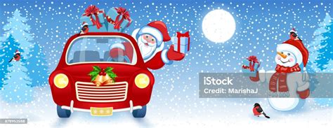 겨울 숲 배경 선물 상자와 눈사람 빨간 차에 산타 클로스와 크리스마스 카드 가문비나무에 대한 스톡 벡터 아트 및 기타 이미지 가문비나무 겨울 공휴일 Istock