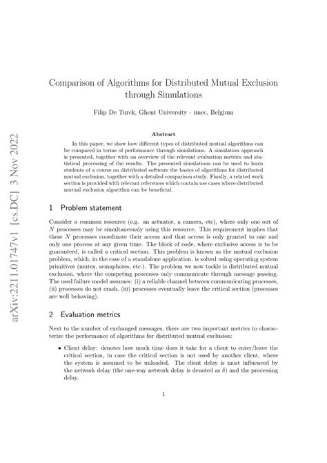 pdf comparison of algorithms for distributed mutual exclusion through simulations