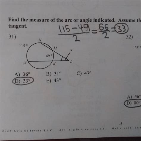 find the measure of the arc or angle indicated assume tangent 31 filo