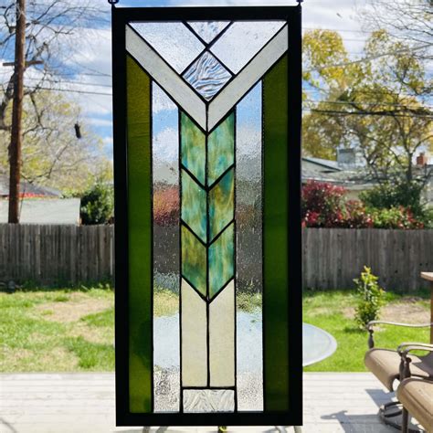 Frank Lloyd Wright Inspired Stained Glass Window Panel Dark Green