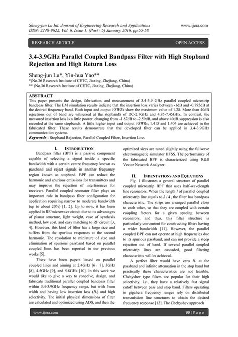 34 39ghz Parallel Coupled Bandpass Filter With High Stopband Rejection And High Return Loss