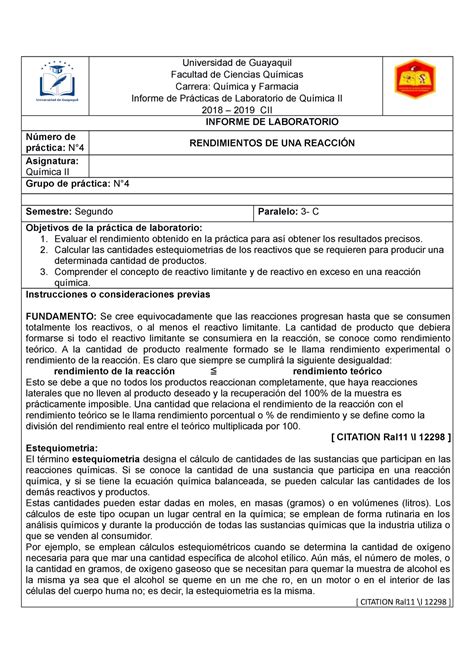 Practica N°4 Rendimientos De Una ReacciÓn Universidad De Guayaquil