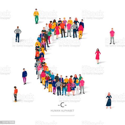 많은 사람들이 문자 C의 모양에 색깔의 옷을 입고 서있다 인간의 알파벳의 개념 대문자에 대한 스톡 벡터 아트 및 기타 이미지