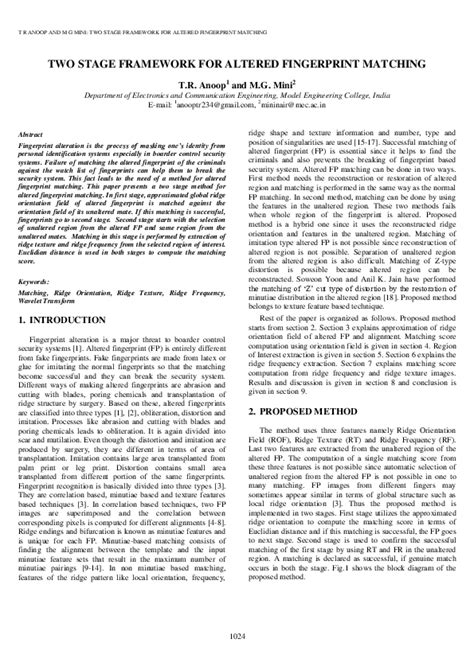 Pdf Two Stage Framework For Altered Fingerprint Matching Dr Anoop