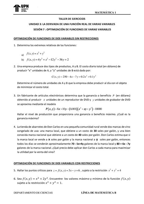 Ht7 Optimización De Funciones De 2 Variables MatemÁtica 1